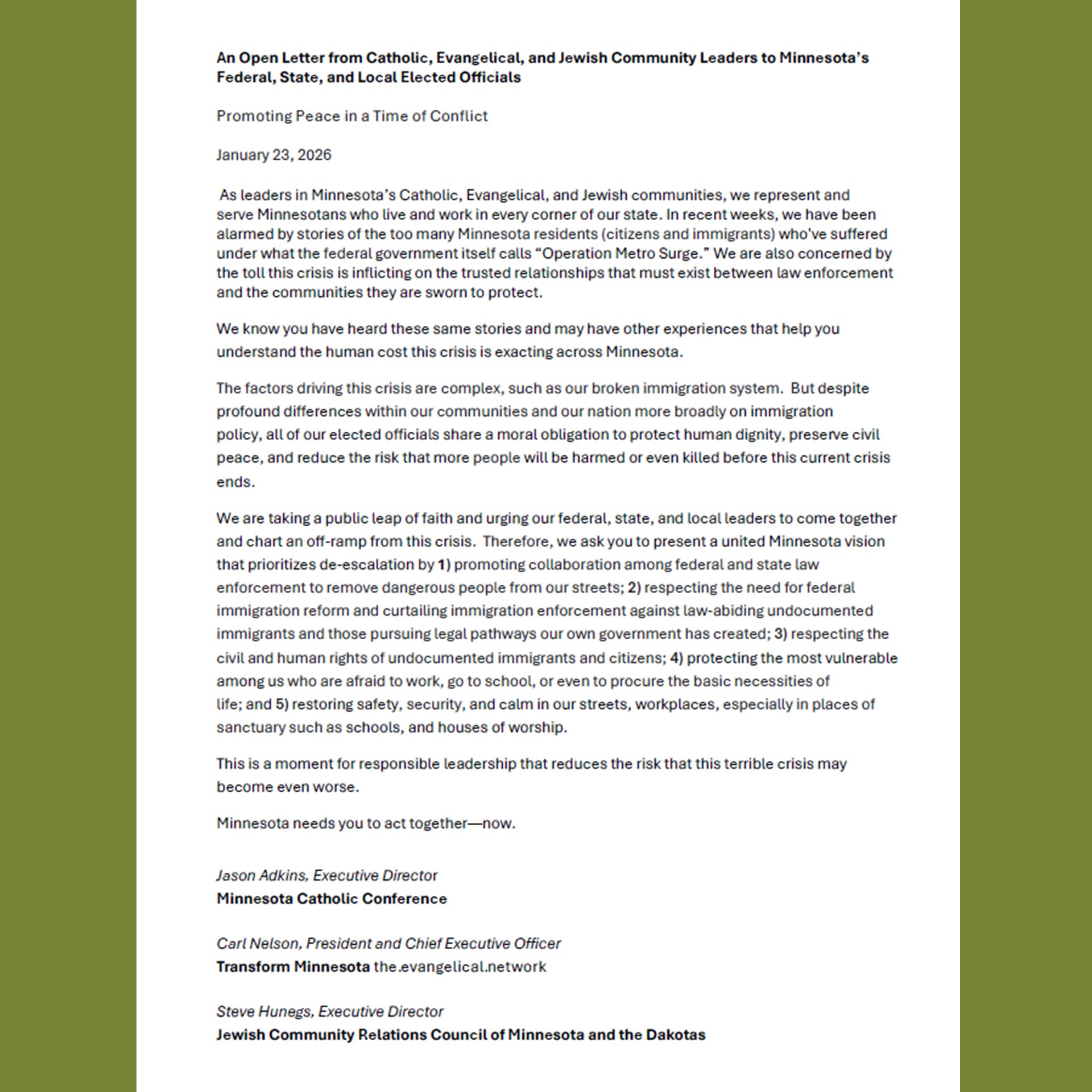 Open Letter from Catholic, Evangelical, and Jewish Community Leaders ...